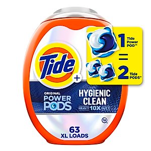 Tide Hygienic Clean Heavy 10x Duty Power PODS Laundry Detergent Pacs Original 63 count For Visible and Invisible Dirt (Pack of 1)