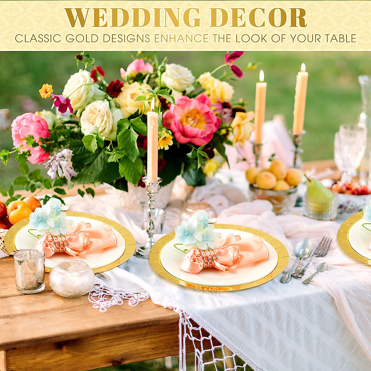 96 Pcs Disposable Gold Round Charger Plates 13 Inch Charger Dishes for Dinner Heavy Duty Golden Dessert Plates Disposable Party Serving Tray Food Paper Plates for Table Setting Wedding Birthday