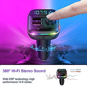VR robot Upgraded Bluetooth FM Transmitter for Car, Wireless Bluetooth 5.0 FM Car Adapter with Dual USB Ports,Support 20W PD+QC3.0 Fast Charger, Stronger Microphone,7 Colors LED Backlit