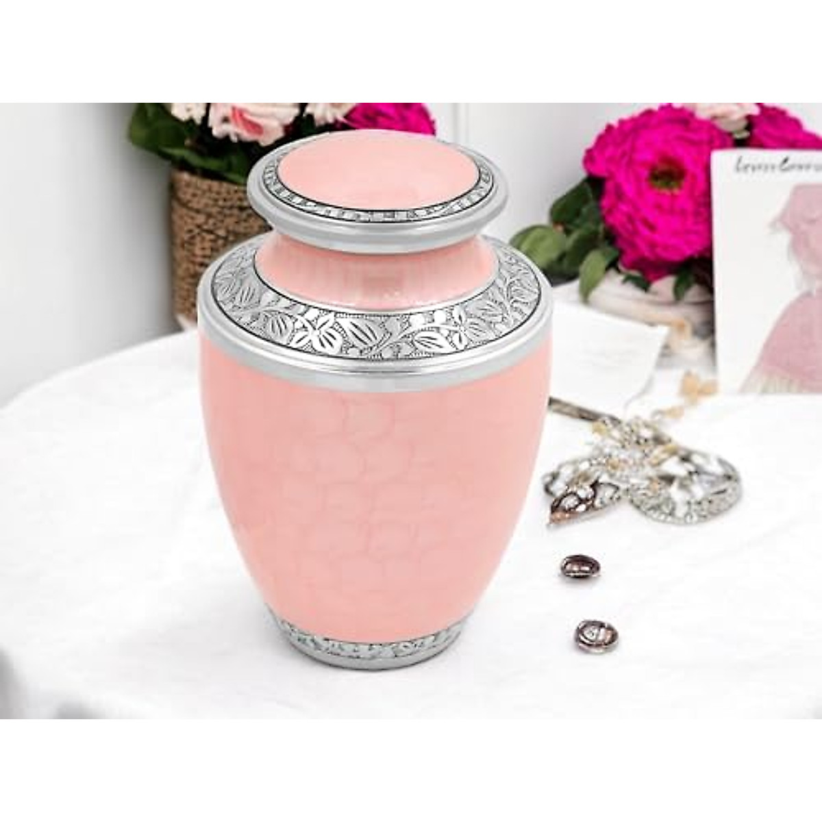 CLEENTABLE Urns for Ashes Adult Male, Urns for Human Ashes Adult Female, Decorative Urns, Large Cremation Urns for Adult Ashes, Urn Sea Pink Silver (Aluminum - 10 Inch Height x 6.5 Inch Width)