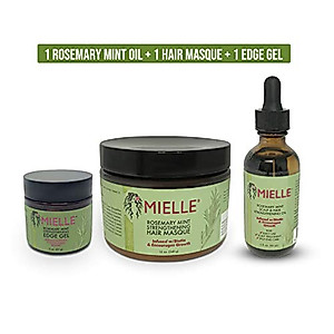 Mielle Organics Rosemary Mint Growth Oil 2 oz, Strengthening Hair Masque 12 oz, and Strengthening Edge Gel 2 oz,For stronger and healthier hair