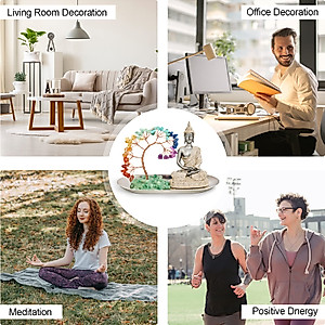 INNOLITES 7 Chakra Crystal Tree and Buddha Statue set, Yoga Meditation Decor, Money Tree and Buda Statues for Home Living Room Office Shelf Decoration Wealth and Luck（Silver）