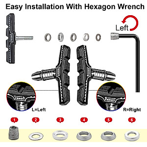 Bike Brakes Pads Set, Brakes Kit, Road Mountain Cycle Bicycle Rubber Universal V-Brake Blocks Shoes with Hex Nut Tools and Shims, No Noise No Skid, 70mm, Fits Most Bikes MTB City Folding Bike Pads