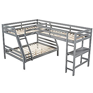 Wood L-Shaped Bunk Beds with Desk, Twin &Twin Over Full Bunk Bed Frame for 3 People with Guardrails and Ladder for Kids Boys Girls Teens Adults Bedroom Dorm