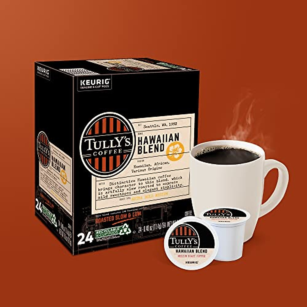 Tully's Coffee Hawaiian Blend Keurig Single-Serve K-Cup Pods, Medium Roast Coffee, 96 Count (4 Packs of 24)