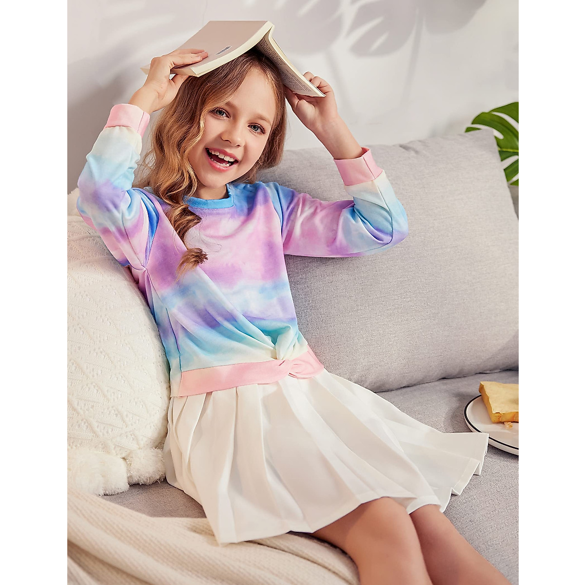 Arshiner Girls Casual Twist Front Light Weight Sweatshirt Tie Dye Printed Long Sleeve Crop Tops Pullover Size 11-12 Years