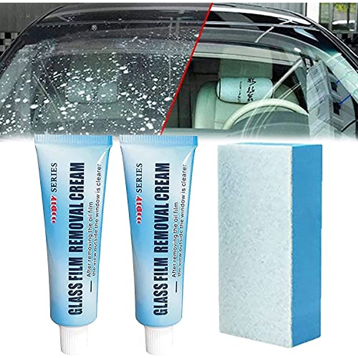 2Pack Glass Film Removal Cream,Car Glass Oil Film Cleaner, Car Windshield Oil Film Cleaner, Glass Stripper Water Spot Remover with Sponge and Towel for Car & Home Bathroom Glass