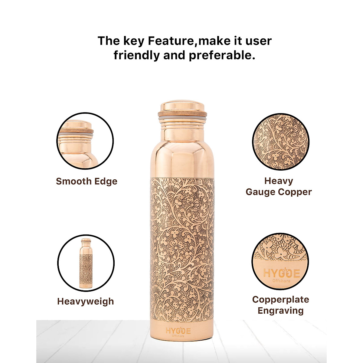 HYGGE Copper Water Bottle for Drinking – 34oz Engraved Pure Copper Water Bottle – Travel Water Bottle for Gym, Office, Hiking, Outdoor – Ayurvedic Water Bottle with Lid