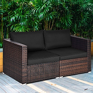 Tangkula Wicker Loveseat 2 Piece, Patio Furniture Couch with Removable Cushions, Rattan Loveseat Sofa for Balcony, Deck, Garden and Poolside