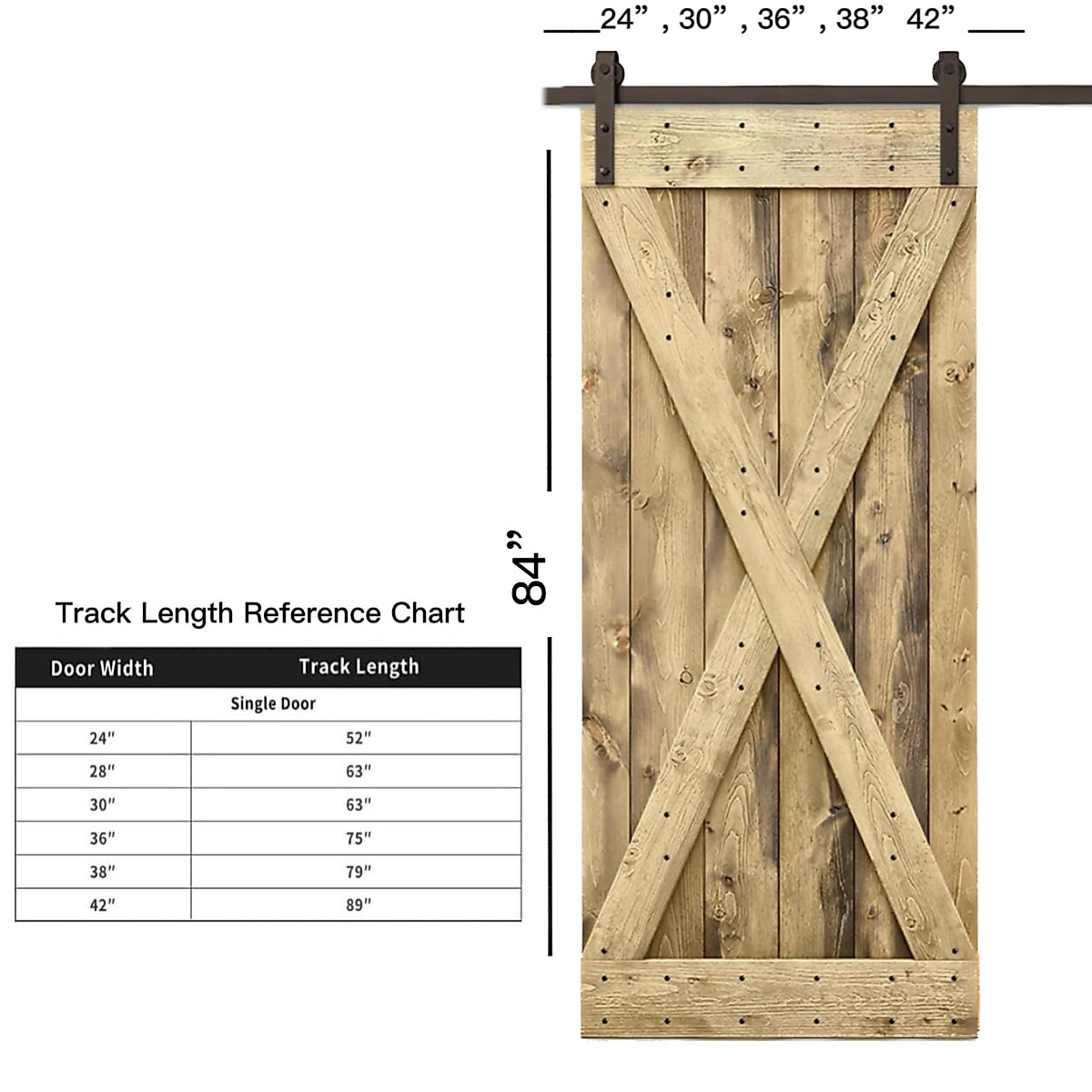 Jforest DIY 84in X Shape Barn Door with Hardware & Handle Included, Heavy Duty, Sliding Door Hardware, Pre-Drilled Barn Door, Solid Wood Material, Barn Door Made in USA. (Oak) (42" x 84")