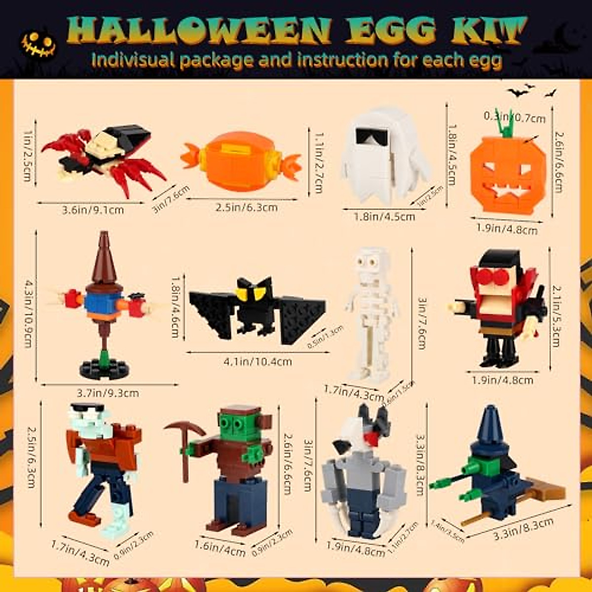 Hxezoc 12 in 1 Halloween Mini Building Blocks for Kids, Surprise Splice Eggs with Toys Zombie, Skeleton, Witch, Bat Building Blocks for Kids Halloween Birthday Party Favors Party Games Supplies