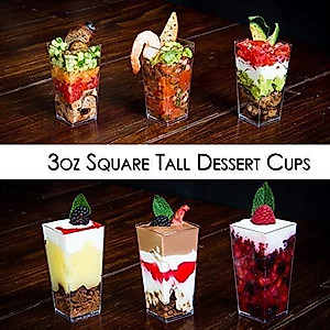 DLux 100 x 3 oz Mini Dessert Cups with Spoons and Lids, Square Tall - Clear Plastic Parfait Appetizer Cup - Small Reusable Serving Bowl for Party Desserts Appetizers - With Recipe Ebook