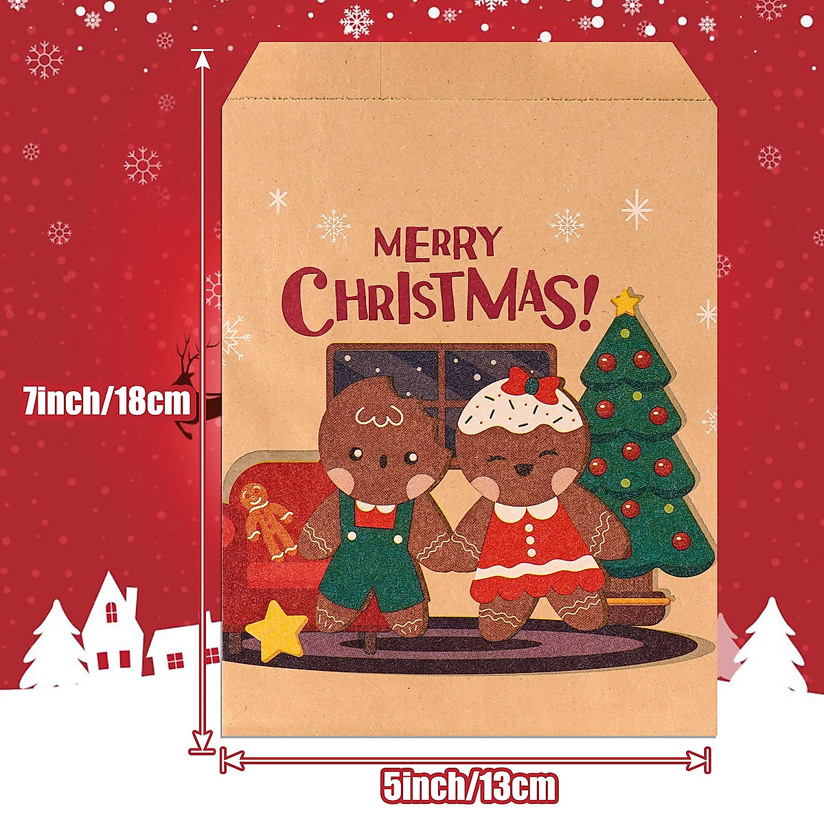 Kolewo4ever 240 Pieces Christmas Kraft Treat Bags Holiday Bags With Xmas Tree Santa Claus, Elk Prints Christmas Goodies Snack Gift Bags Red Green Candy Buffet Paper Bags for Christmas Holiday，6 Styles