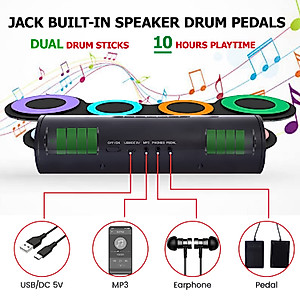 Oirtmiu Portable Electronic Drum Set Roll-Up Drum Practice 7 Pads Drum Kit Built-in Speaker with Headphones Drum Pedals Drum Sticks 10 Hours Playtime, Great Holiday Birthday Gift for Kids(Rainbow)