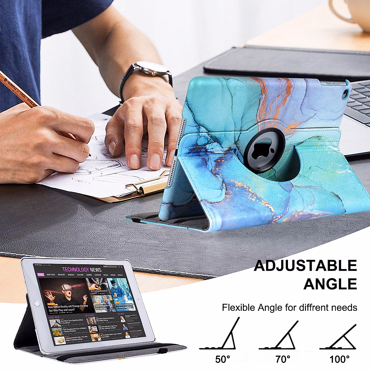 Rouceyxin New iPad 9.7 2018 2017 / iPad Air 2 Case - 360 Degree Rotating Stand Protective Cover with Auto Sleep Wake for iPad 9.7 inch (6th Gen, 5th Gen) / iPad Air 2/ iPad Air (Green Marble)