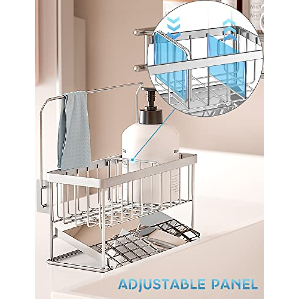 VOGWOLTH Sponge Holder for Kitchen Sink, Sink Caddy Kitchen Sponge Holder for Dish Rags Brush Soap Scrubber, Stainless Steel 304 Counter Organizer with Auto Drain Tray