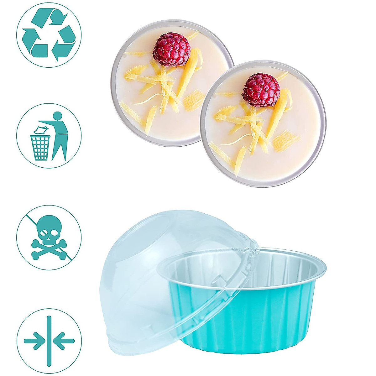 ALLRI Cupcake Liners with Dome Lids, Foil Dessert Ramekins 5oz Baking Cups Aluminum Foil, Muffin for Blue Lids Ramekin Containers Holders