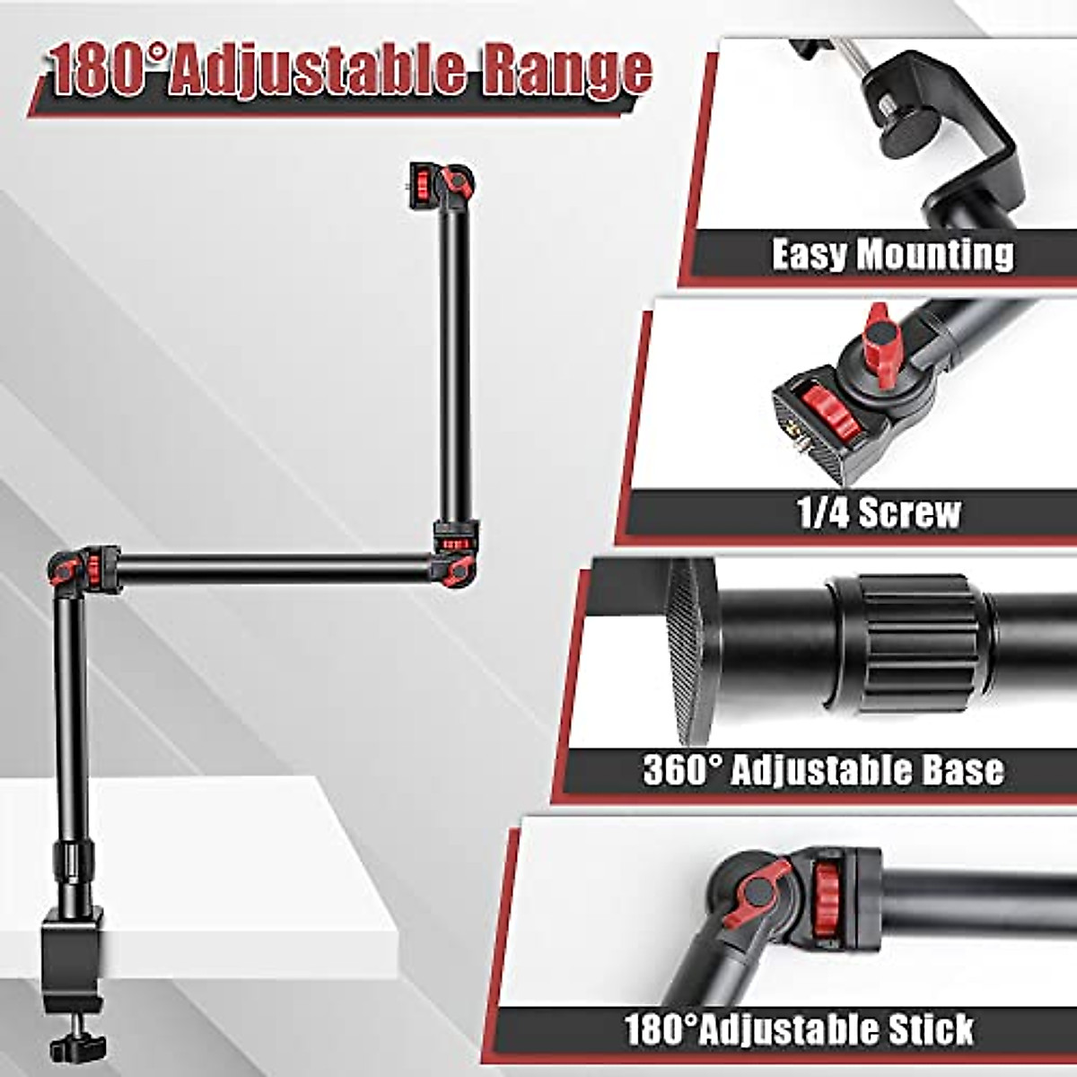 FOUTOUKEEP Flexible Overhead Camera Mount with 1/4“ 3/8" 5/8" Screws, Adjustable 3-Section Camera Stand Clamp with 180° Range & 360° Base, Overhead Webcam Phone Camera Mount for Photography