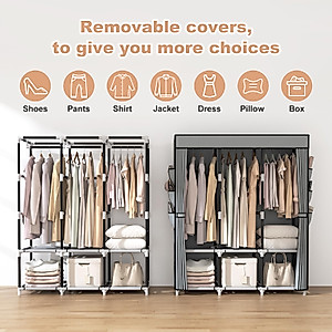VTRIN Portable Closet, Wardrobe Closet for Hanging Clothes Closet with Cover, 3 Hanging rods, 6 Storage Shelves and Side Pockets, Diameter 19mm Metal Pipe, Free Standing Closet for Bedroom