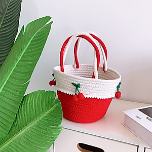 LOHGOU Women Girls Handwoven Cotton Handbag Cute Cherry Tote Bag Summer Beach Purse (Red)