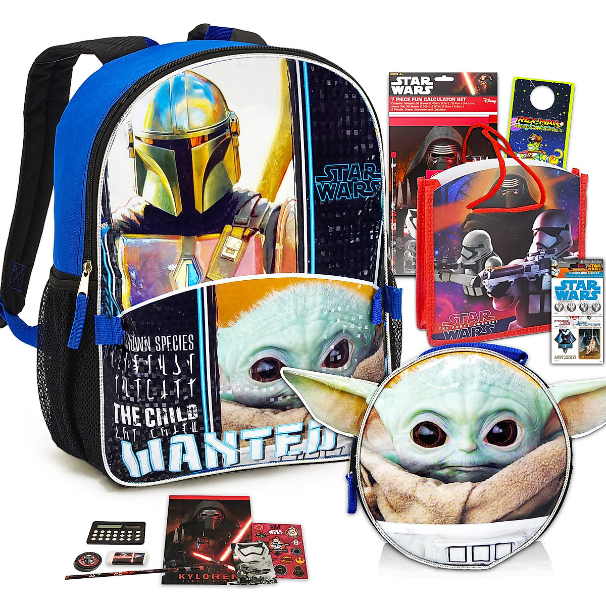 Mandalorian Backpack and Lunch Box Set Boys Girls Kids ~ 10+ Pc Bundle With Baby Yoda School Bag, Insulated Lunch Bag, Stationary Set, Stickers and More! (Star Wars School Supplies)
