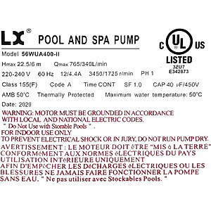 Pump, LX, 4.0HP, 2 SPD, 230V, 12A / 4.4A, 56WUA400-II Baseless, 2”