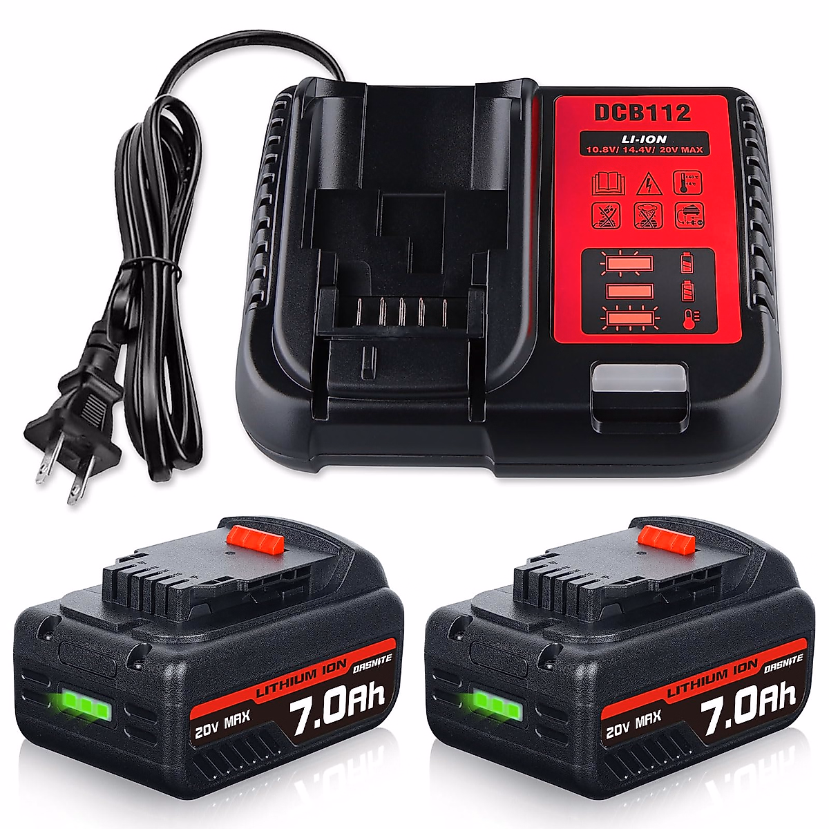 DASNITE 2Pack 7.0Ah 20Volt DCB200 Li-ion Batteries Replacement for Dewalt 20V Battery and DCB112 Charger Compatible with Dewalt 20V Max Cordless Tools DCB204 DCB206 DCB201 DCB207 DCD/DCF/DCG Series