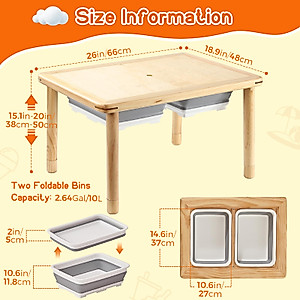 FUNLIO Wooden Sensory Table with 2 Bins for Toddlers 1-5, 3-Level Height Adjustable Kids Sensory Table with Anti-Warping Plywood Lid, Indoor/Outdoor Play Sand and Water Table, CPC Certified