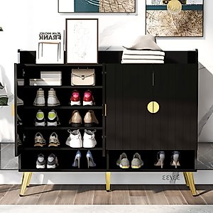 Linique Shoe Storage Cabinet with 10 Tier Shelf, Modern Shoe Organizer with Golden Metal Handle and Legs, Entryway Shoe Rack for Living Room Bedroom, Black, PVC Surface