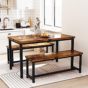 Recaceik 47” Dining Table Set with Benches, 3 Pieces Dining Room Table Set for 4, Wood Kitchen Table and Chair Set with Sturdy Frame, Space Saving Dinette Set for Breakfast Nook, Brown
