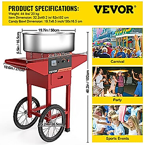 VBENLEM Commercial Cotton Candy Machine with Cart, Electric Floss Maker with Stainless Steel Bowl, Sugar Scoop and Drawer, for Family and Various Party, Red
