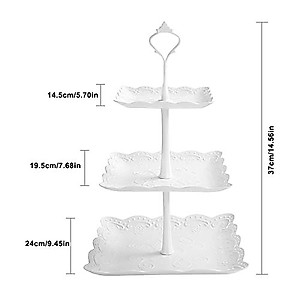 Doryum Three Tiers White Cake Display Stand with Fittings, Plastic Square Cake Stand Display Fruit Plate, Dessert Stand, Cupcake Stand Party Serving Platter Stand for Birthday Weeding Party