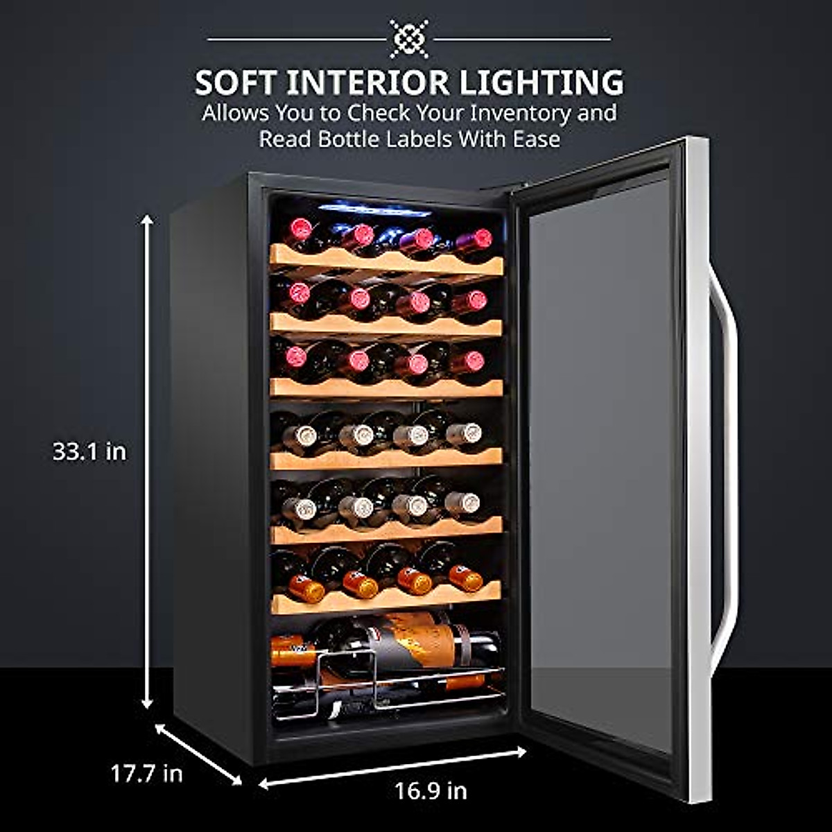 Ivation 28 Bottle Compressor Wine Cooler Refrigerator w/Lock | Large Freestanding Wine Cellar For Red, White, Champagne or Sparkling Wine | 41f-64f Digital Temperature Control Fridge Stainless Steel