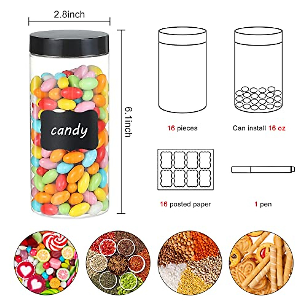 16oz Plastic Jar with Lids, 16Pcs Clear Empty Containers Straight Cylinders Storage Jars with Airtight Black Lid Stackable Refillable Round Plastic Jars for Body Butter, Kitchen Food & Home Storage