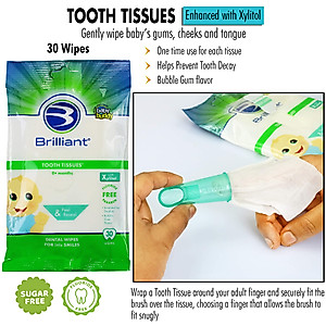 Brilliant Wipe N Brush -1 Silicone Toothbrush and 30 ct. Tooth Tissues - Xylitol Dental Wipe, Mouth Cleaner for Infants 4-16 Months Old, Infant Oral Cleaning Products, Baby Registry Must Haves, Clear