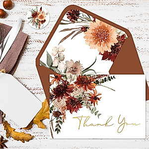 Whaline 32 Packs Fall Floral Gold Foil Thank You Cards Watercolor Flower Greeting Cards Autumn Blank Note Cards with Envelopes and Stickers for Thanksgiving Wedding Birthday Party, 4 x 6 Inch