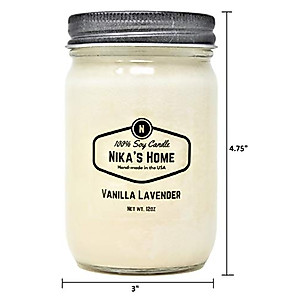Nika's Home Vanilla Lavender Soy Candle 12oz Mason Jar Non-Toxic White Soy Candle-Hand Poured Handmade, Long Burning 50-60 Hours Highly Scented All Natural, Clean Burning Candle Gift Décor