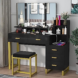 PAKASEPT Makeup Vanity with Tri-fold Makeup Mirror, Vanity Desk with 3-Color Adjustable Touch Light, Charging Station, Vanity Table with Nightstand,5 Drawers, Storage Shelves&Cushioned Stool…