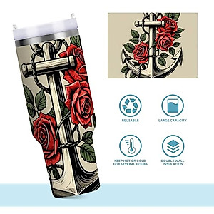 Nexawaveo Mooring Rose Beige Tumbler With Handle And Straw 30-40oz Insulated Tumbler Cups With Lid Stainless Steel for Cold Water and Drinks for School Work Sports Car Travel and Weekends