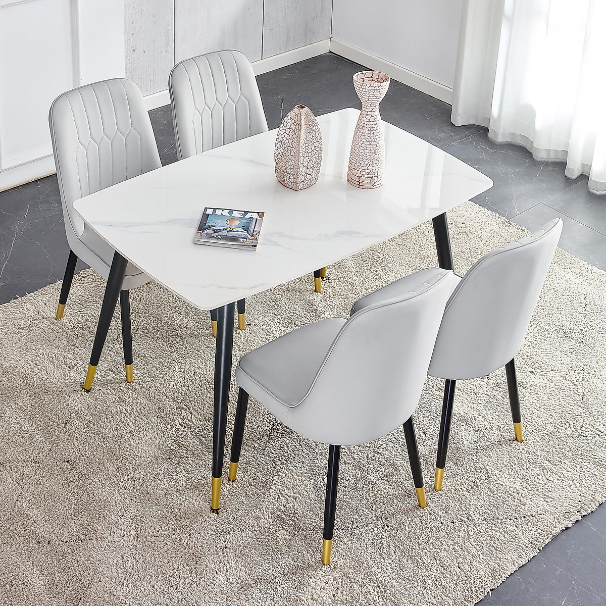 Ginxesh 5 Piece Dining Table Set,Faux Marble Dining Table Set for 4,White Imitation Marble Pattern Dinner Table and White PU Leather Upholstered Kitchen Chairs for Living Room