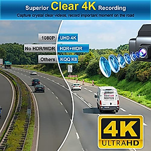 4K Dash Cam Front and Rear, KQQ 4K+1080P Dash Camera for Cars Built-in WiFi External GPS, 3.16" Wide Angle Dual Dashboard Camera Driving Recorder with Night Vision WDR Parking Monitor, Free 64GB Card