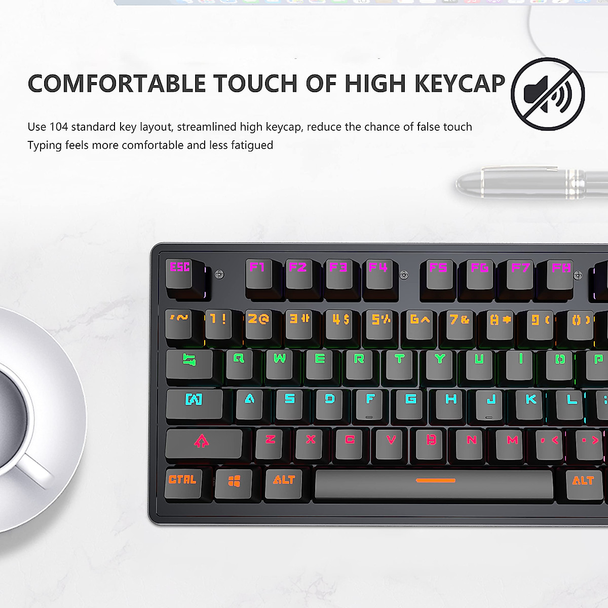 Chuang Gaming KU20 Mechnical Gaming Keyboard, RGB Backlit Wired Keyboard with Blue Switches & ABS Keycaps, Splash-Proof Function with Ergonomic Design, Black