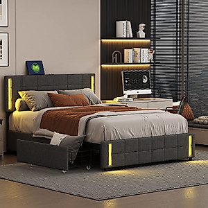 Upholstered Bed with LED Lights and USB Charging, Queen Size Storage Bed Platform Frame with Headboard and 4 Drawers for Bedroom, No Spring Box Required (Dark Gray)