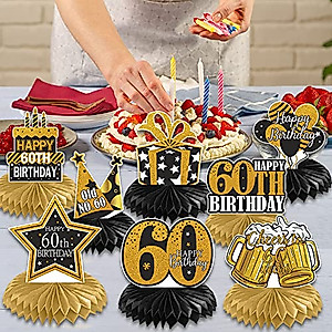 60th Birthday Decoration Honeycomb Centerpieces for Women Men, 8 Pcs Black Gold Cheers to 60 Years Table Centerpiece Toppers, 60 Birthday Party Creative Table Sign Décor, Easy Set Up, Vicycaty