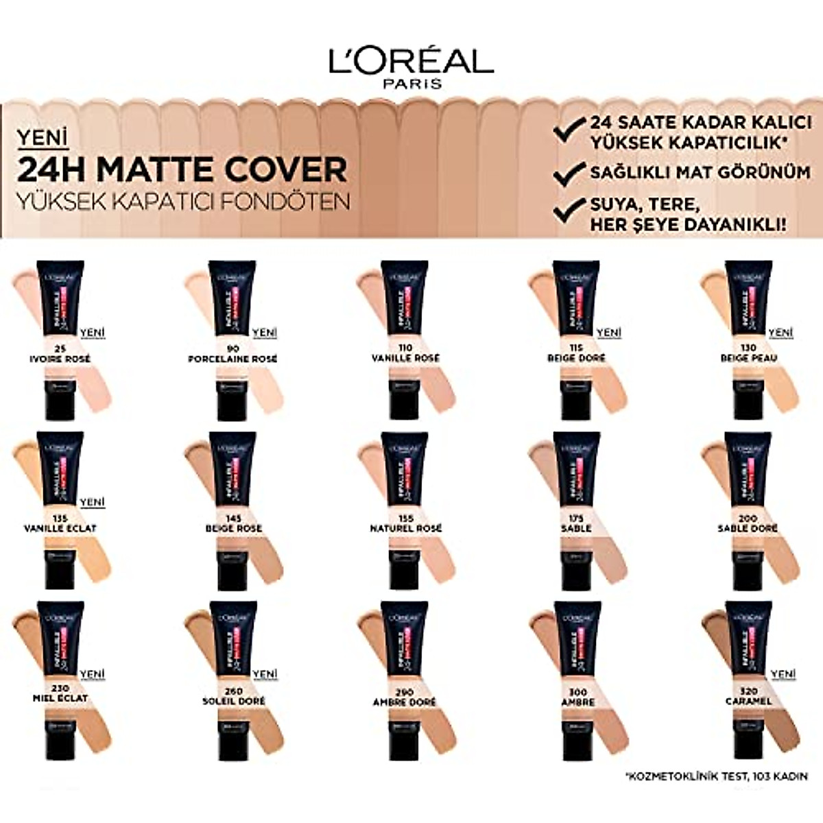 L'Oreal Paris Foundation, Infallible Matte Cover 24hour 200 Golden Sand, Sweat-proof, Heat-proof, Transfer-proof and Water-proof, SPF 18, 30 ml