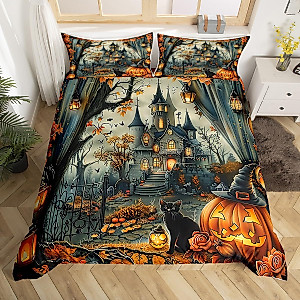 Manfei Halloween Duvet Cover Set Queen Size, Floral Pumpkin Black Print Bedding Set for Kids Boys Girls Room Decor, Black Castle Comforter Cover, Soft Polyester Quilt Cover,2 Pillowcases,No Comforter