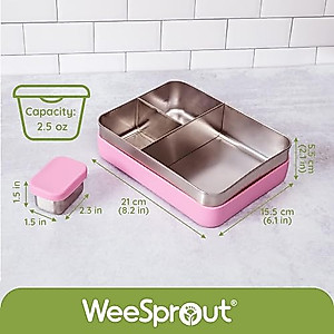 WeeSprout 18/8 Stainless Steel Bento Box (Large) - 3 Compartment Metal Lunch Box, Skid-proof Silicone, for Kids & Adults, Bonus Dip Container, Fits in Lunch & Work Bags, Dishwasher & Freezer Friendly