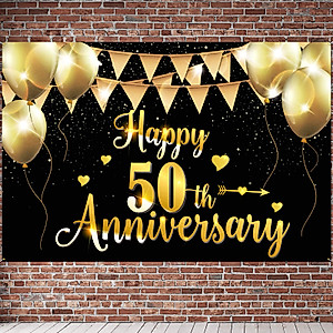 PAKBOOM Happy 50th Anniversary Backdrop Banner - 50 Years Anniversary Party Decorations Supplies for Parents - 3.9 x 5.9ft Black Gold