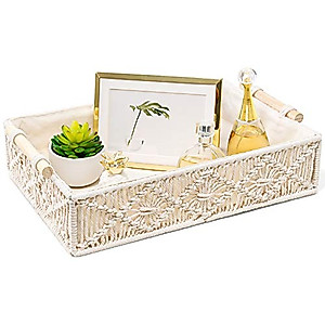 Mkono Macrame Decorative Tray Boho Home Decor Basket with Wooden Handles Handmade Woven Jewelry Perfume Makeup Storage Organizer for Vanity, Dresser, Countertop, Bedroom, Living Room, 14''L x 10''W