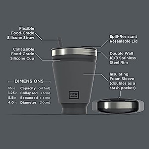 HYDAWAY Collapsible Drink Tumbler | Portable, Insulated, Hot & Cold Drink Cup for Coffee, Tea, Smoothies, Beer, Cocktails, Travel, Commuting, Camping, Events | 16oz Capacity (Jet Black)